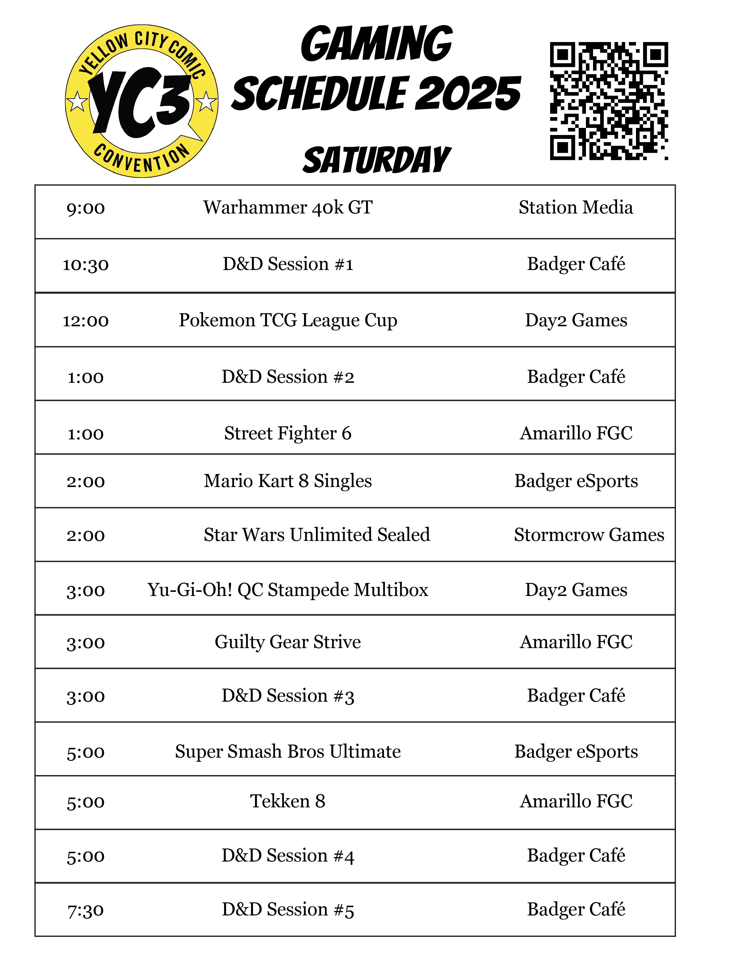 Gaming schedule 2025(2.1) | Yellow City Comic Convention